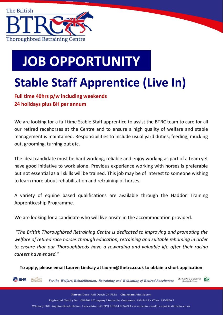 Apprentice Wanted – The British Thoroughbred Retraining Centre (BTRC)