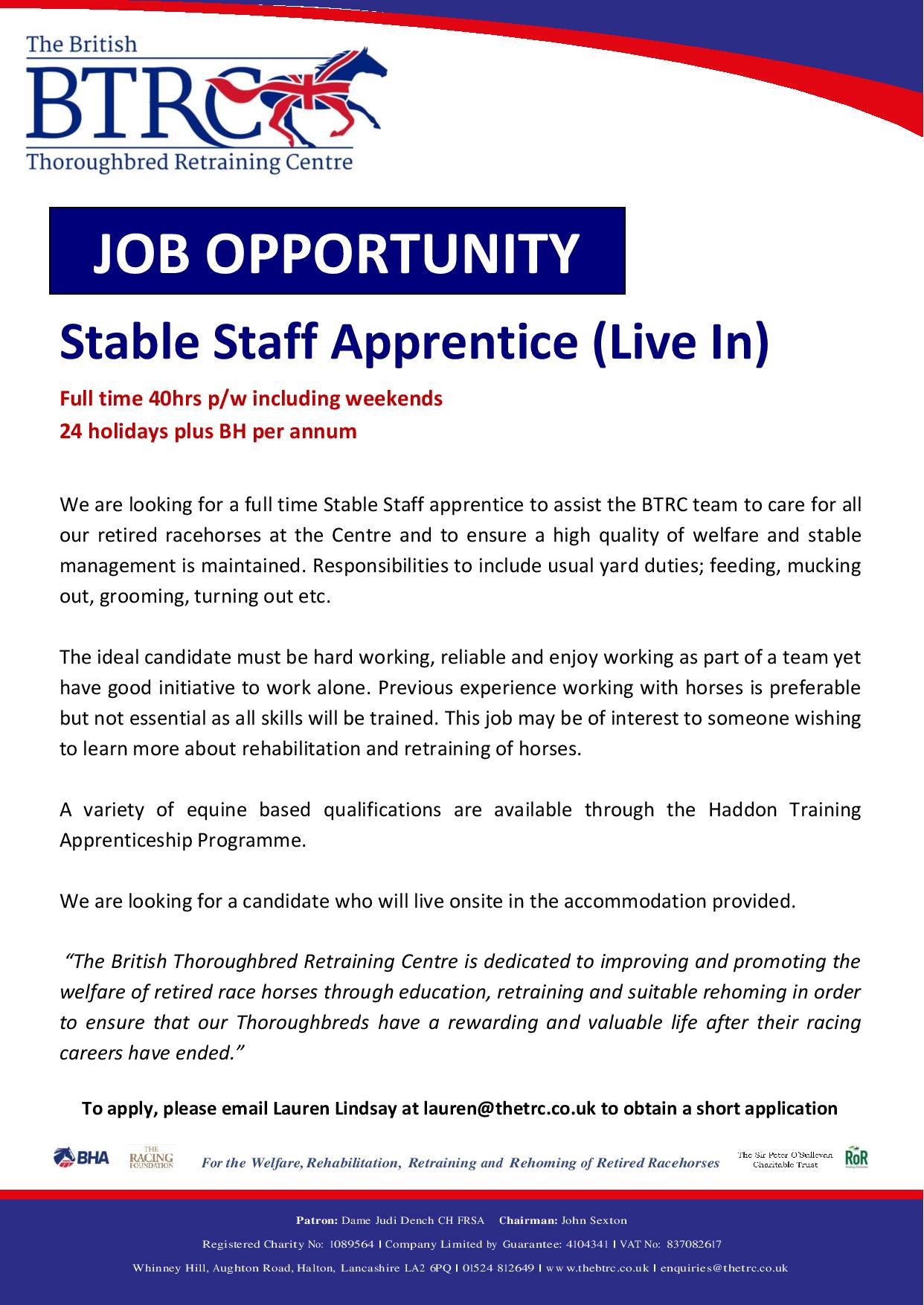 Apprentice Wanted – The British Thoroughbred Retraining Centre (BTRC)